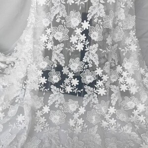 Ivory Flower Leaf Embroidery Lace Fabric Soft Tulle Floral for Wedding ...