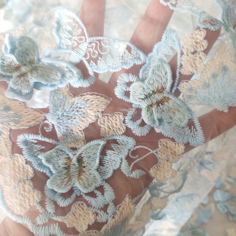 3D Blue Yellow Butterfly White Tulle Exquisite Embroidery Soft Tulle ...