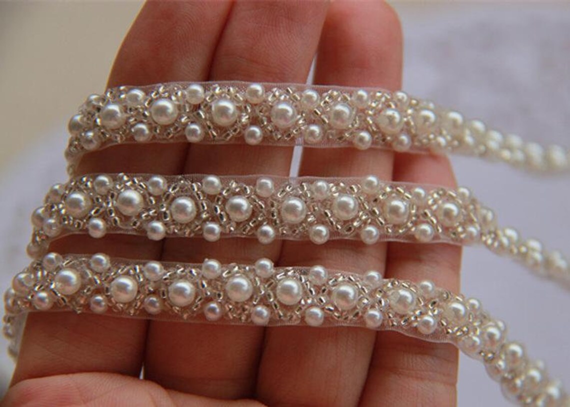 1 Yard Off-white Pearl Beaded Lace Trim Wedding Dress Belt - Etsy