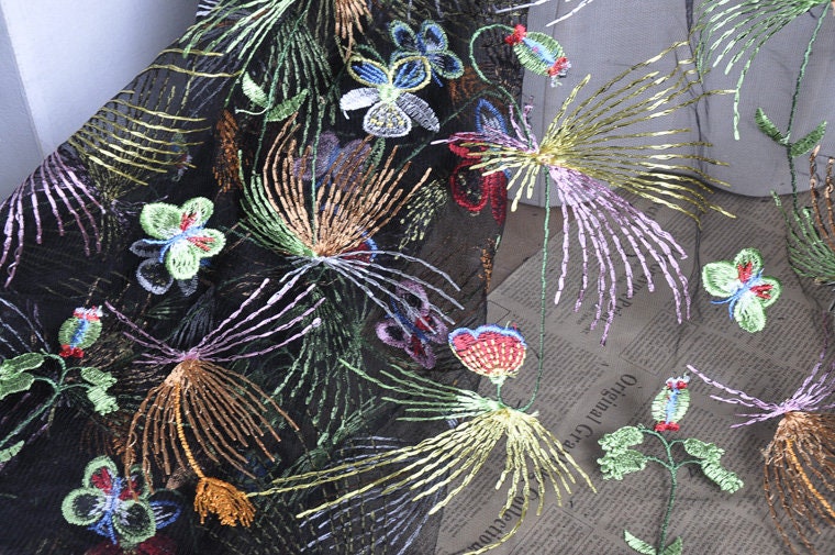 Lace Fabric Soft Black Tulle Colorful Butterfly Flower - Etsy