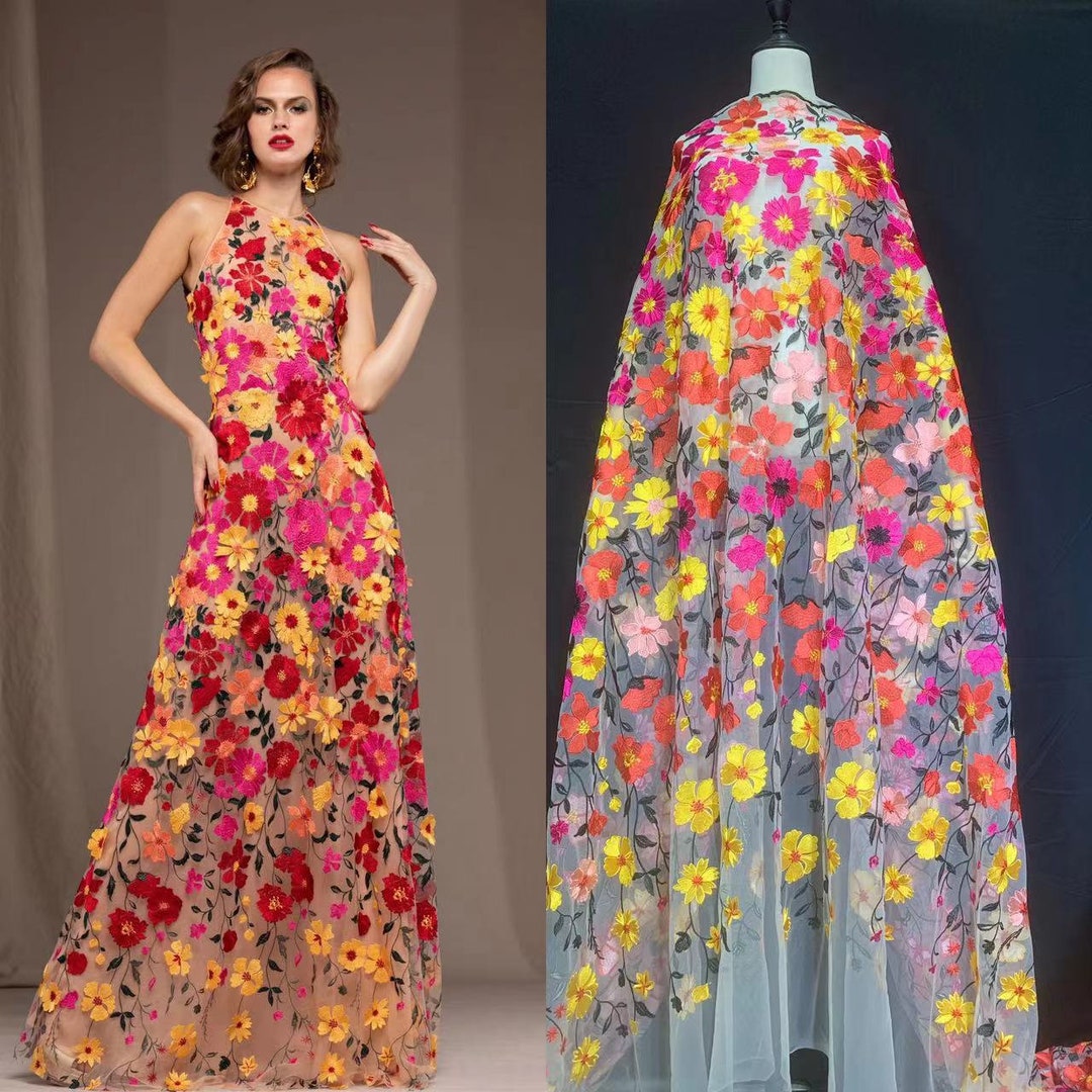 7 Color 3D Colorful Multicolored Flower Embroidered Lace Fabric Tulle ...