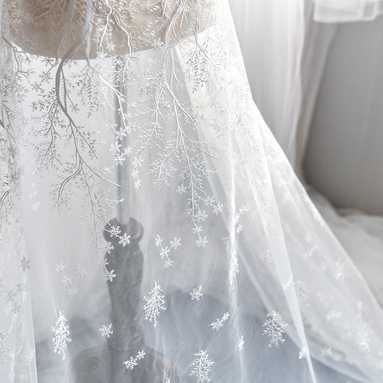 Lace Fabric Snowflake Tree Exquisite Ivory Tulle Embroidery Fabric ...