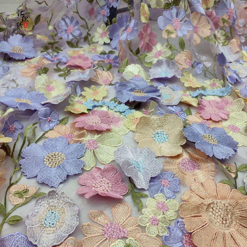 3D Colorful Purple Dense Flower Embroidered Lace Fabric Tulle Fabric ...