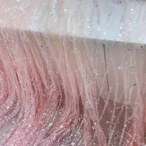 Fulled Beaded Sequin Gradient Pink Lace Fabric Exquisite Soft Tulle ...