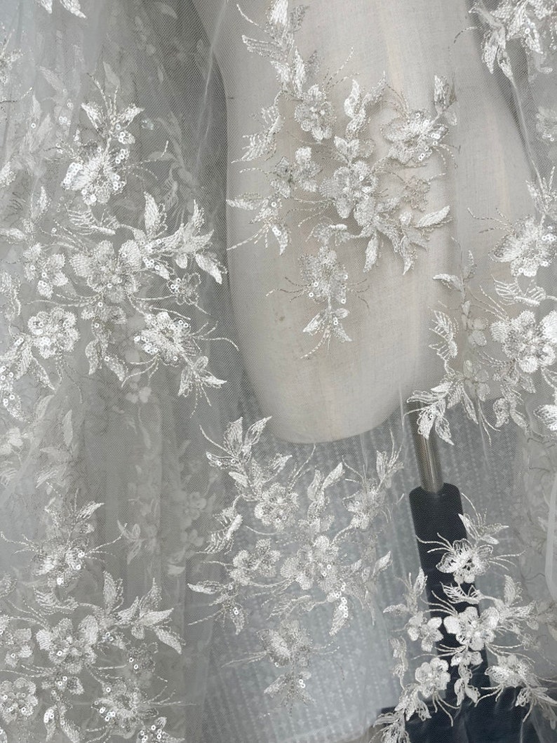 Off White Sequin Flower Embroidery Lace Fabric Soft Tulle Floral for ...