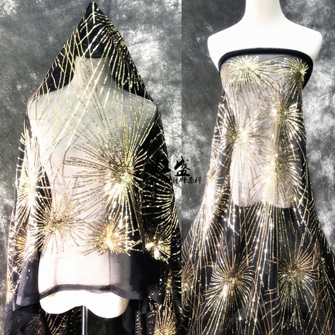 Gold Sequin Black Tulle Lace Fabric Embroidery Exquisite Tulle Couture ...