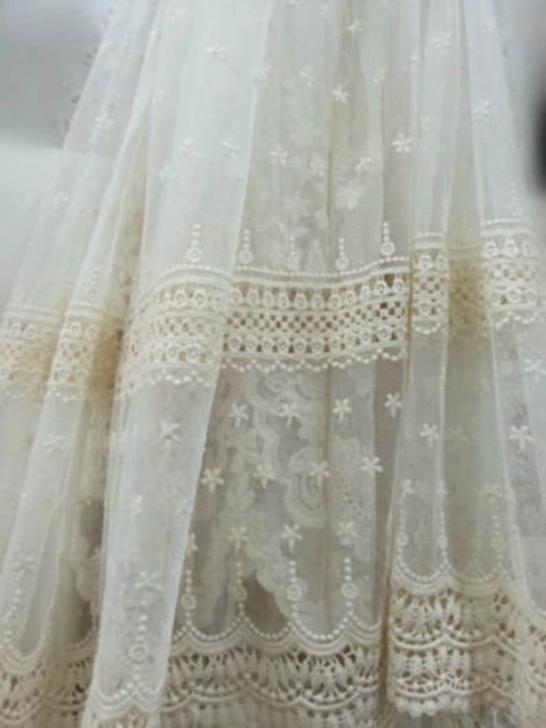 Exquisite Beige Tulle Lace Fabric Both Edges Cotton Flower Embroidery ...