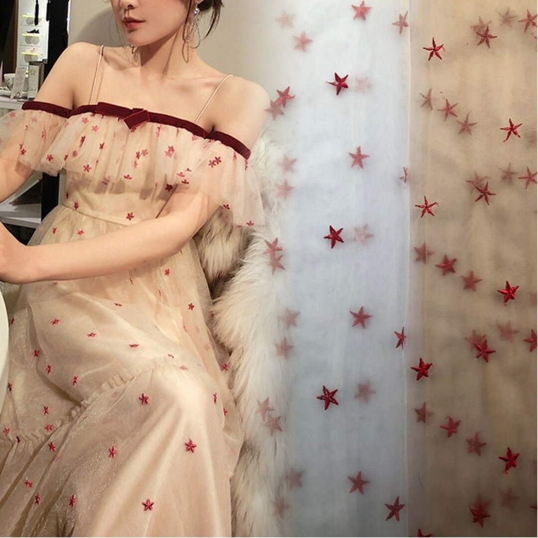 1 Yard Red Star Embroidery Mesh Tulle Fabric, Red Star Lace, Ivory ...