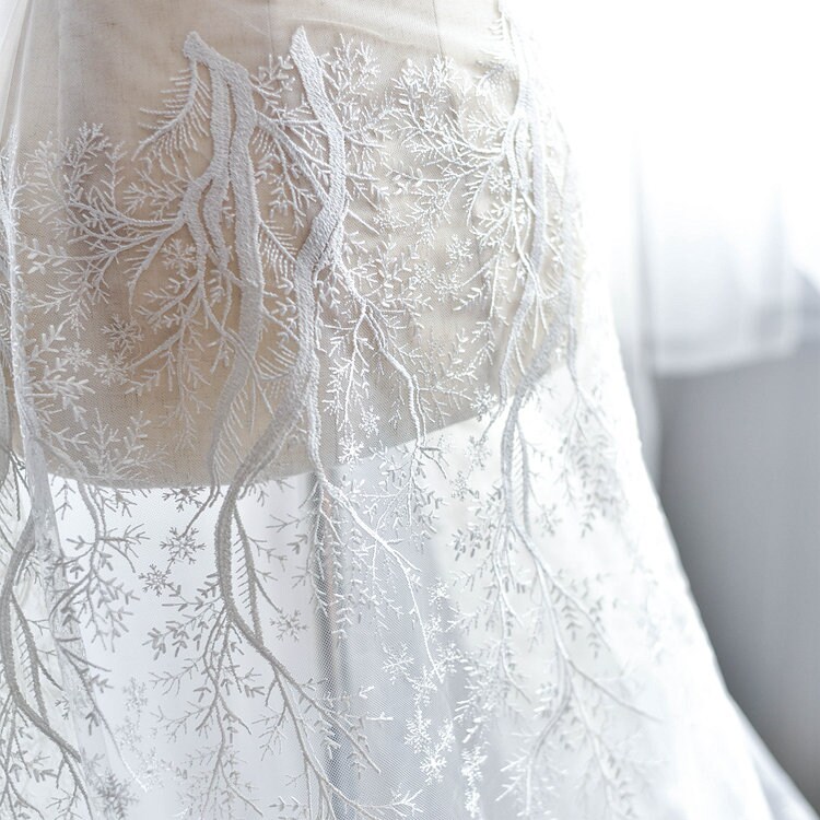 Lace Fabric Snowflake Tree Exquisite Ivory Tulle Embroidery Fabric ...