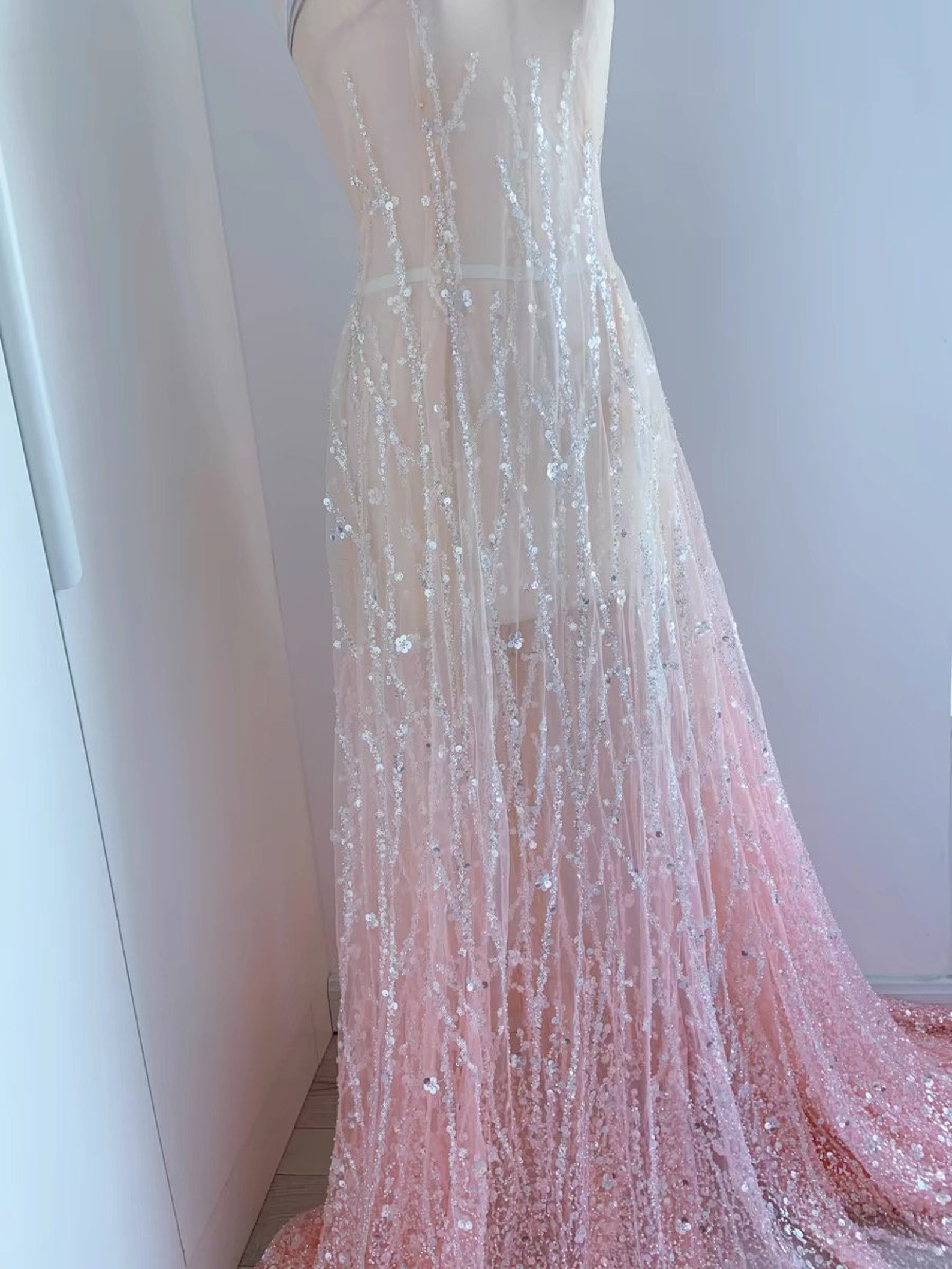 Fulled Beaded Sequin Gradient Pink Lace Fabric Exquisite Soft Tulle ...