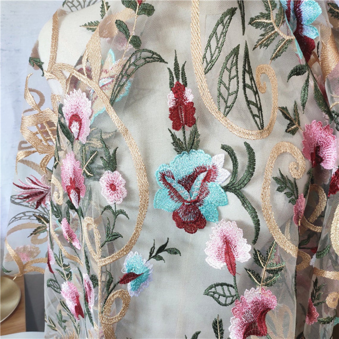 Heavy Mesh High Quality Beige Tulle Flower Embroidered Lace Fabric ...