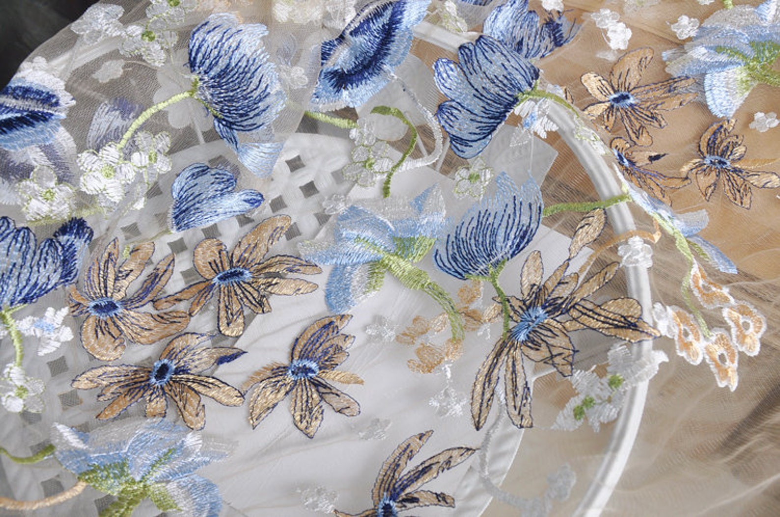 3 Colors Lace Fabric Blue Lotus Flower Exquisite Embroidery - Etsy