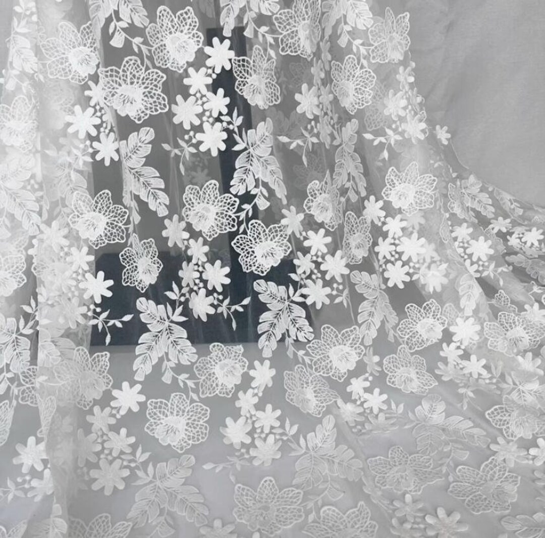 Ivory Flower Leaf Embroidery Lace Fabric Soft Tulle Floral for Wedding ...