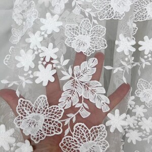 Ivory Flower Leaf Embroidery Lace Fabric Soft Tulle Floral for Wedding ...