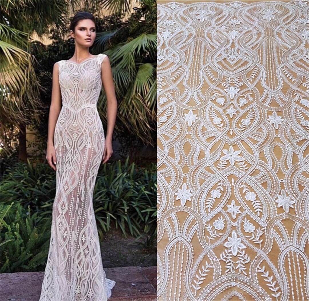 Lace Fabric Ivory Sequin Flowers Embroidered Exquisite Tulle Couture ...