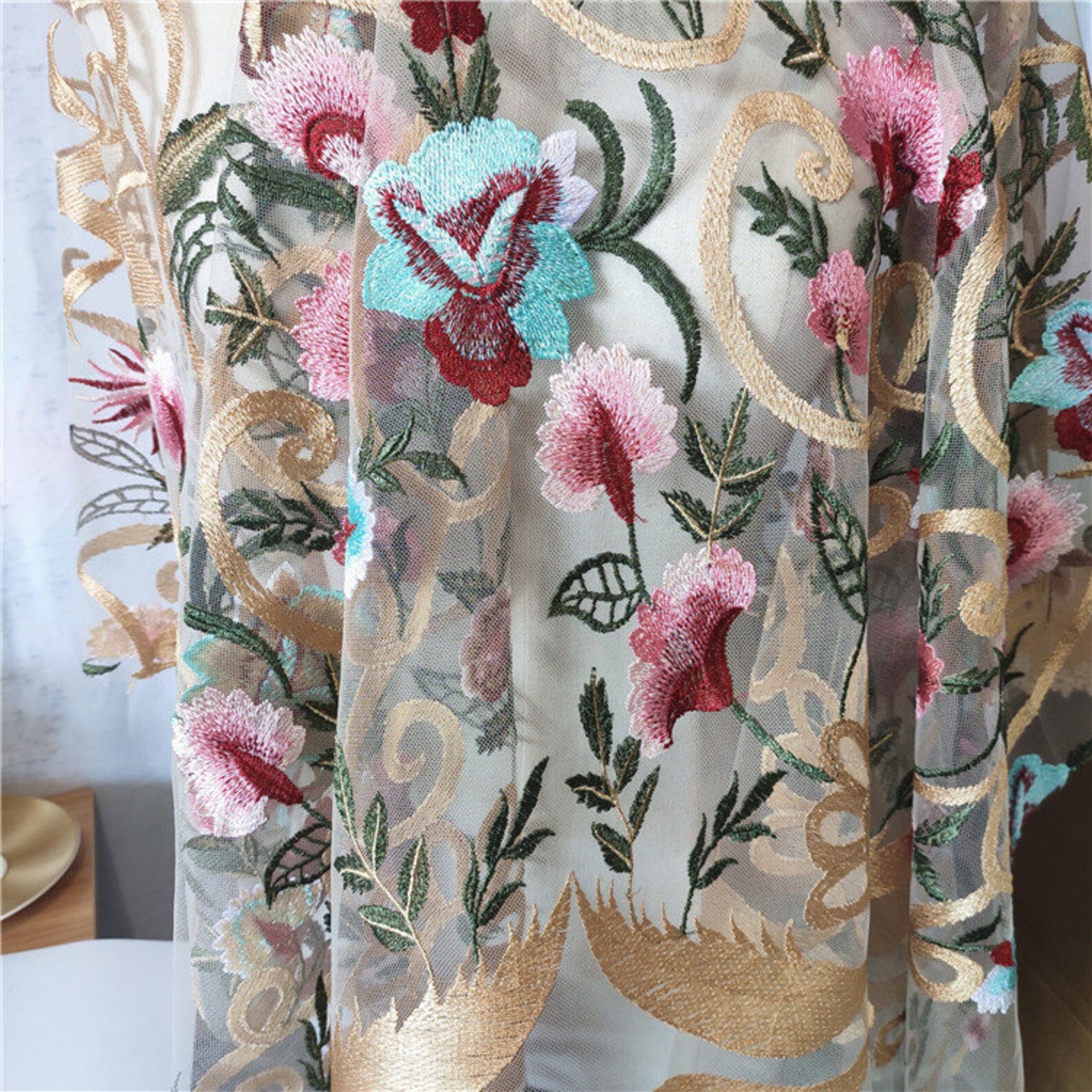 Heavy Mesh High Quality Beige Tulle Flower Embroidered Lace Fabric ...