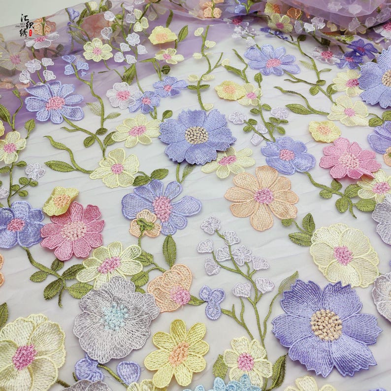 3D Colorful Purple Dense Flower Embroidered Lace Fabric Tulle Fabric ...