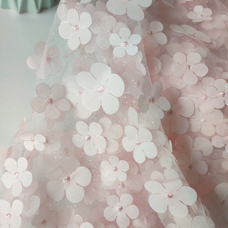 3D pink white flower sequin lace fabric exquisite embroidery | Etsy