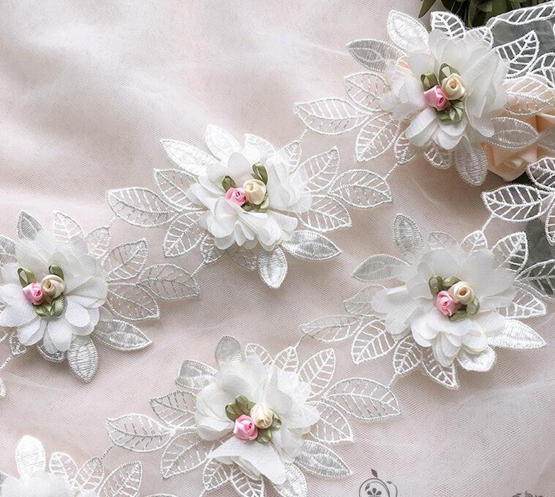 1 Yards Lace Trim 3D White Flower Rose Alice Lace Alencon Embroidery ...