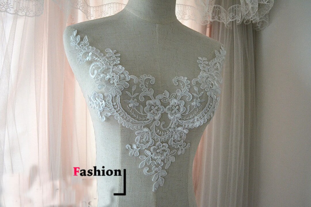 1 Pc Lace Applique Ivory V Shaped Flower Embroidery Bodice Applique for ...