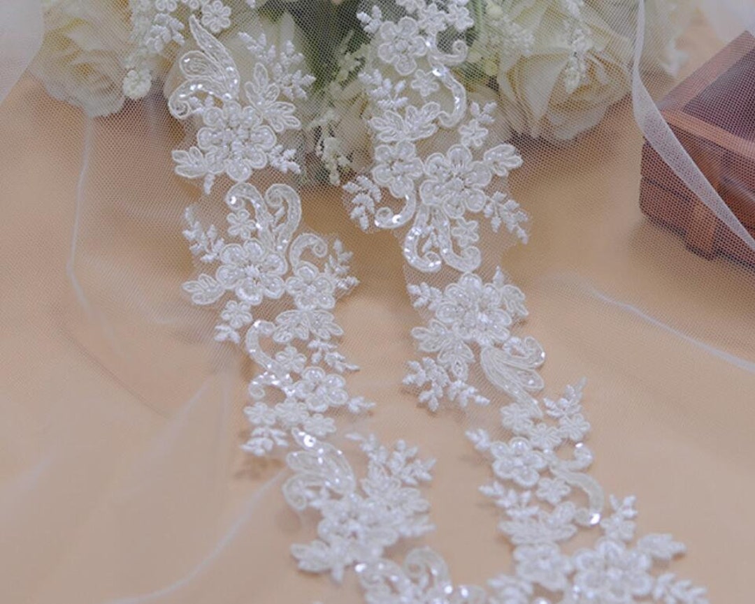 1 Yards Pure White Lace Trim Beaded Pearl Flower Embroidery Exquisite ...