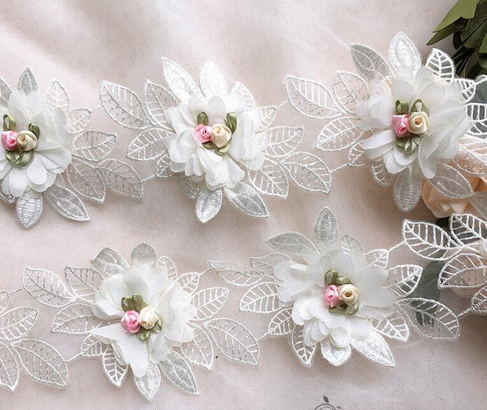 1 Yards Lace Trim 3D White Flower Rose Alice Lace Alencon - Etsy