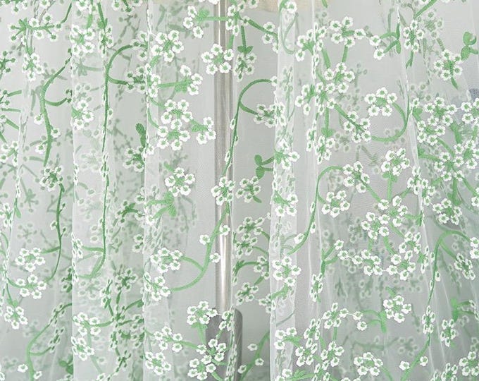 Lace Fabric Dark Green Tulle Small Floral Embroidery Lace Fabric Floral ...
