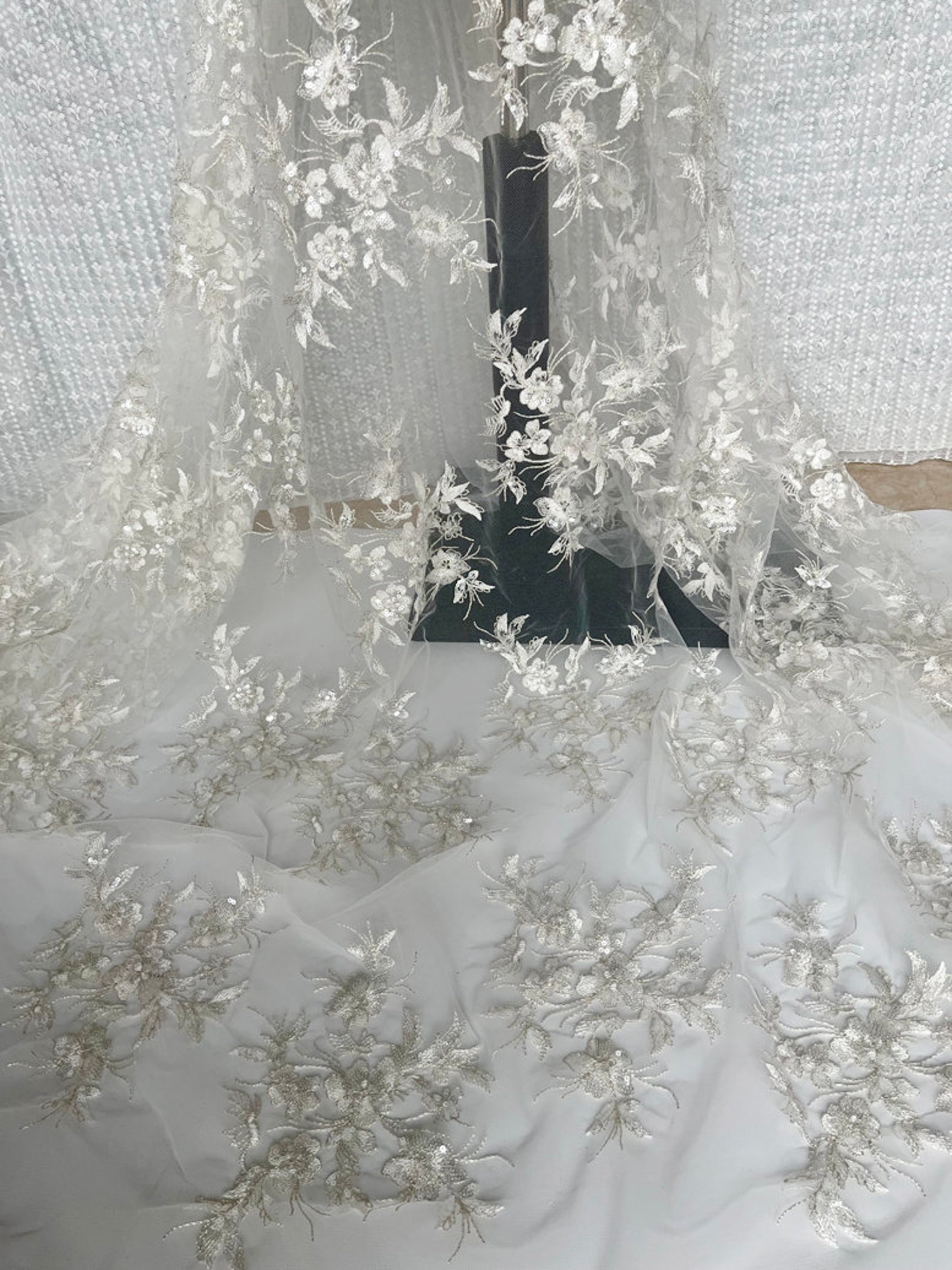 Off White Sequin Flower Embroidery Lace Fabric Soft Tulle Floral for ...