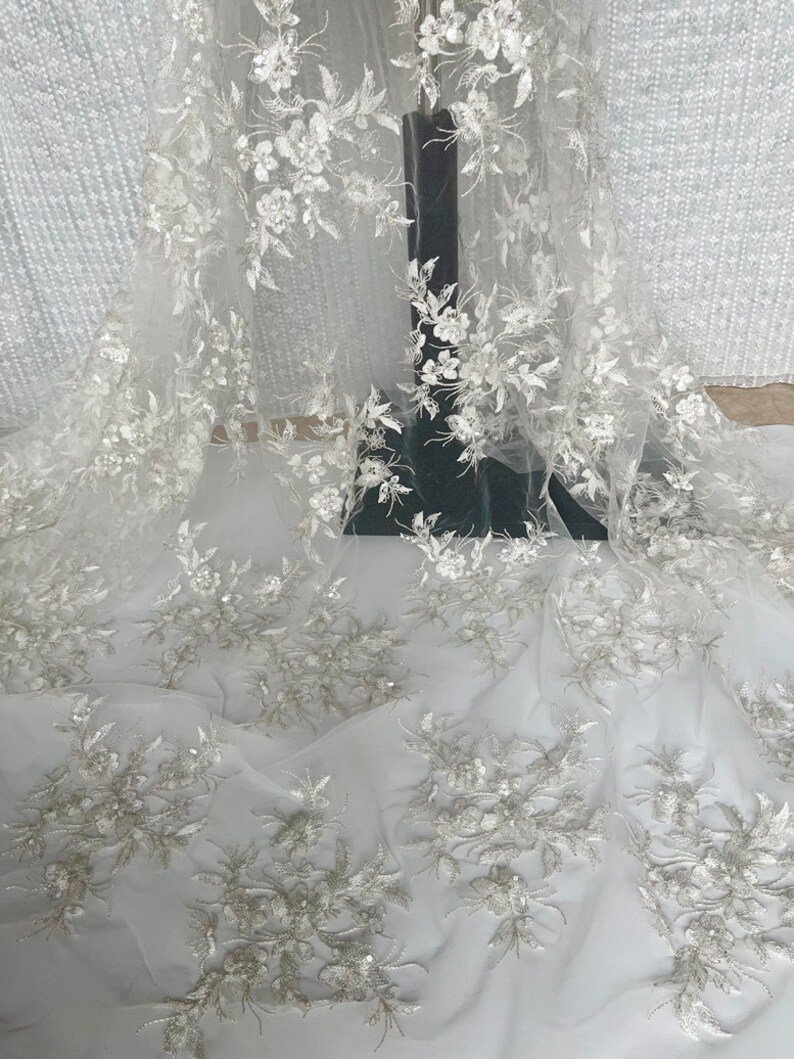 Off White Sequin Flower Embroidery Lace Fabric Soft Tulle Floral for ...