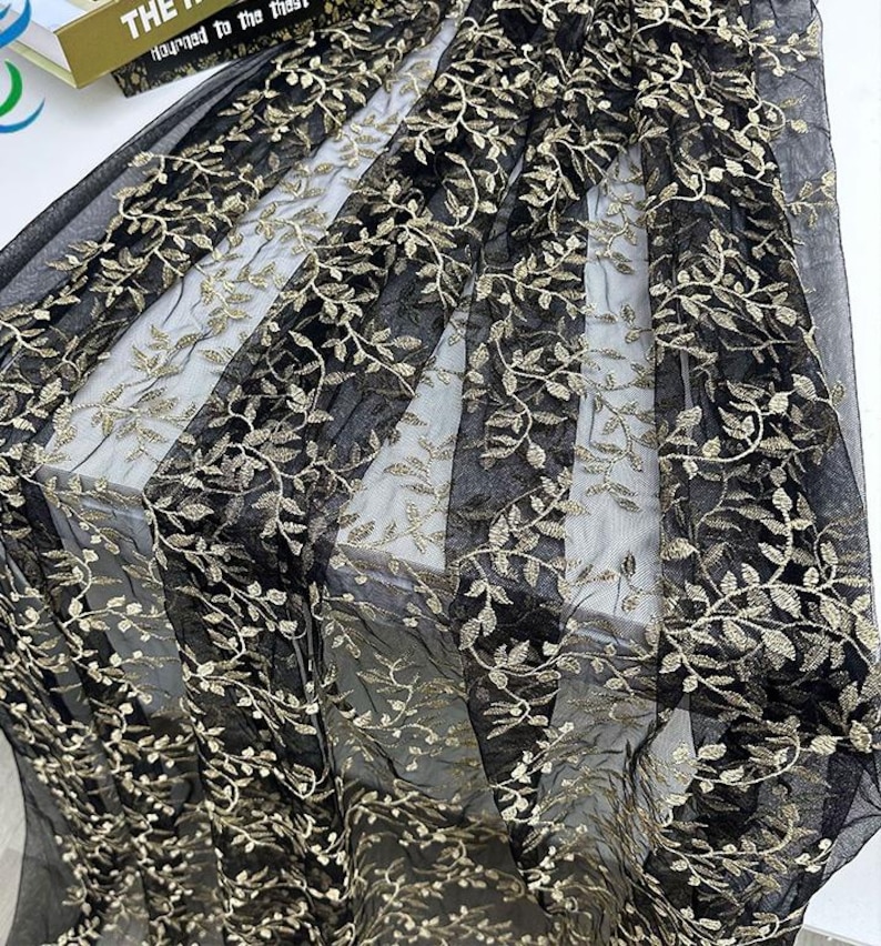 Black Tulle Gold Leaf Embroidered Lace Fabric Leaf Branch Black Lace ...