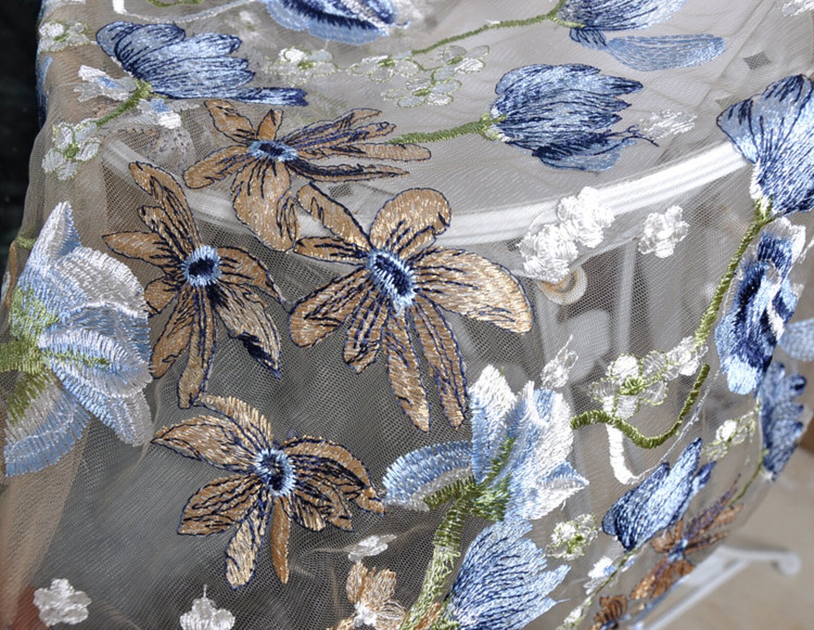 3 Colors Lace Fabric Blue Lotus Flower Exquisite Embroidery - Etsy