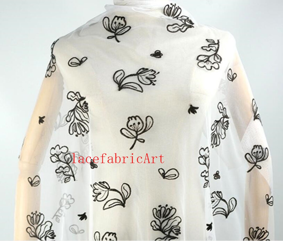 White Tulle Black Small Flower Embroidered Lace Fabric Flower Floral ...