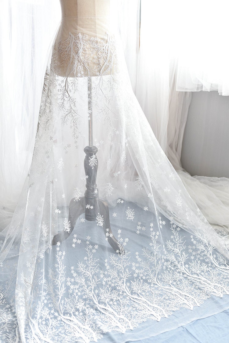 Lace Fabric Snowflake Tree Exquisite Ivory Tulle Embroidery Fabric ...