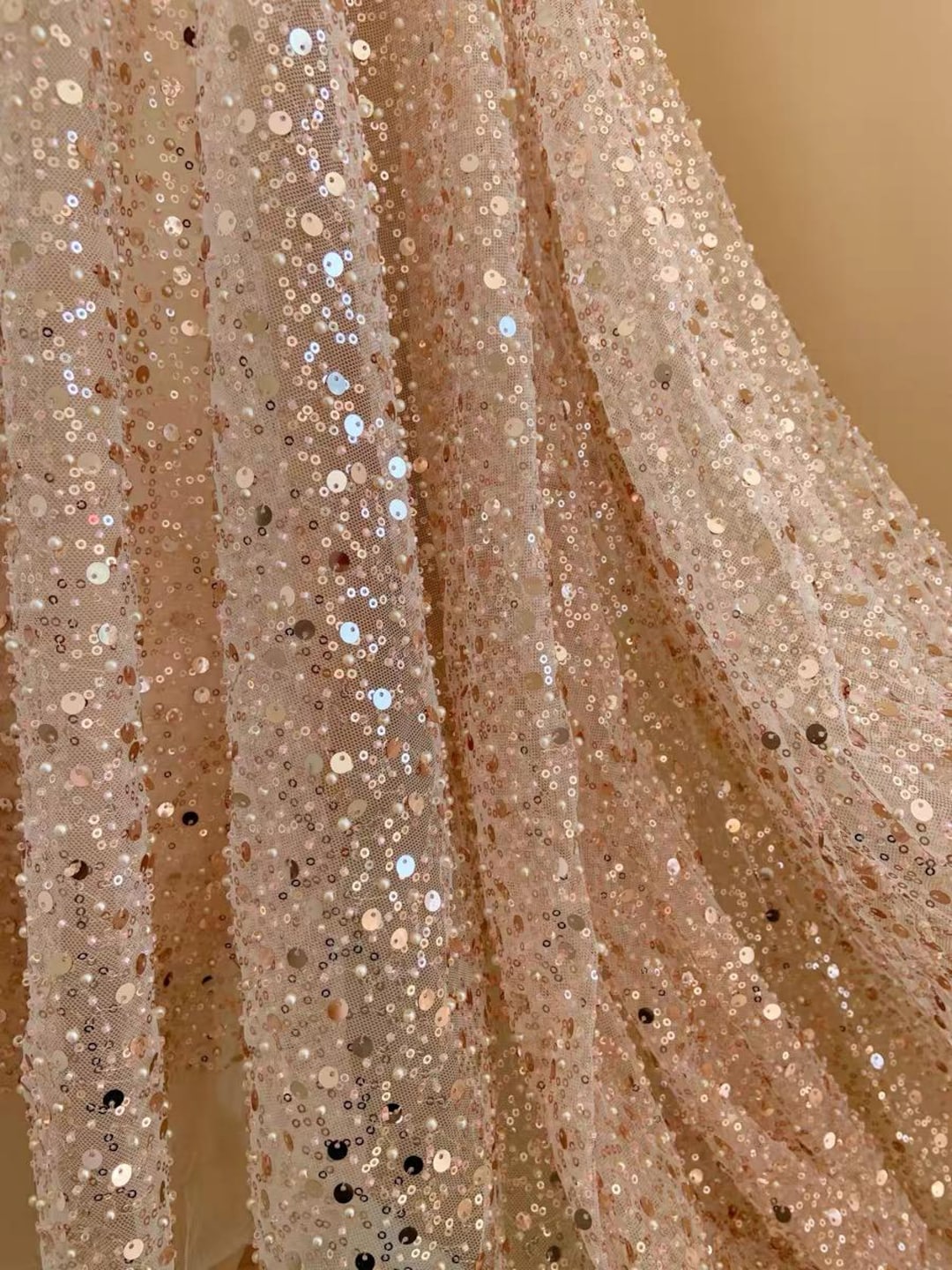 Rose Gold Fulled Beaded Sequin Lace Fabric Embroidery Soft Tulle for ...