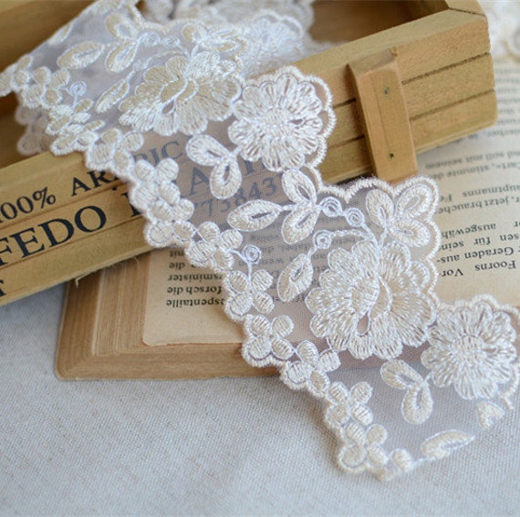 3 Yards Champagne Lace Trim Exquisite Cotton Flower Embroidery Alencon Luxury Scalloped Wedding Lace 2.75 Width Etsy UK
