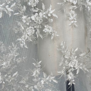 Off White Sequin Flower Embroidery Lace Fabric Soft Tulle Floral for ...