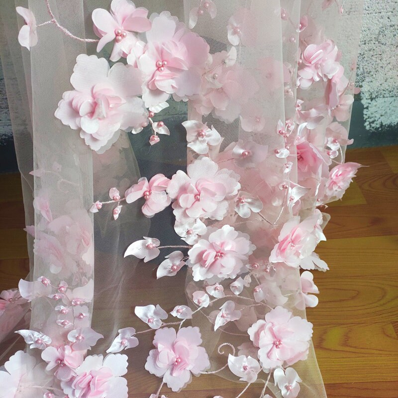 3d Peachy pink chiffon flower bead pearl soft tulle fabric | Etsy