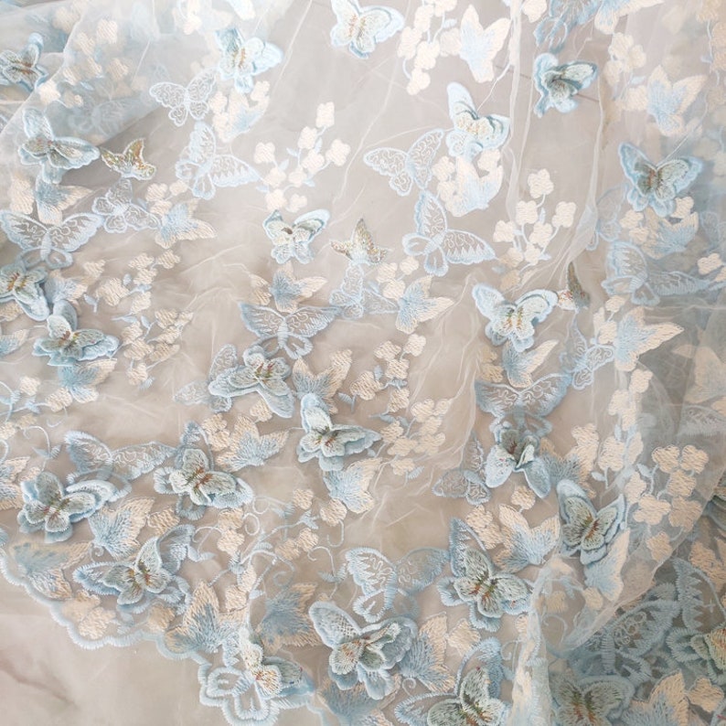 3D Blue Yellow Butterfly White Tulle Exquisite Embroidery Soft Tulle ...