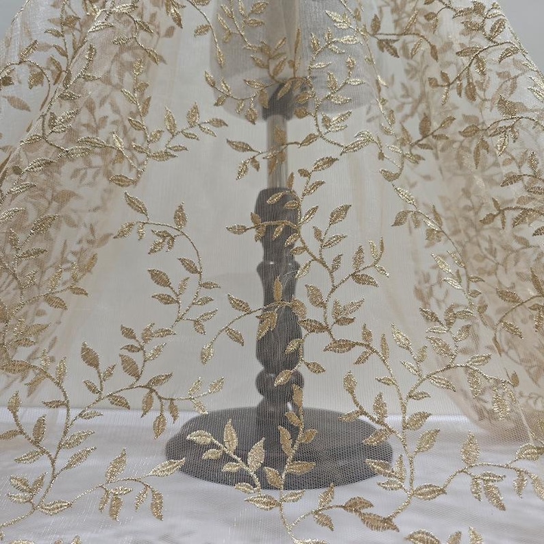 Black Tulle Gold Leaf Embroidered Lace Fabric Leaf Branch Black Lace ...