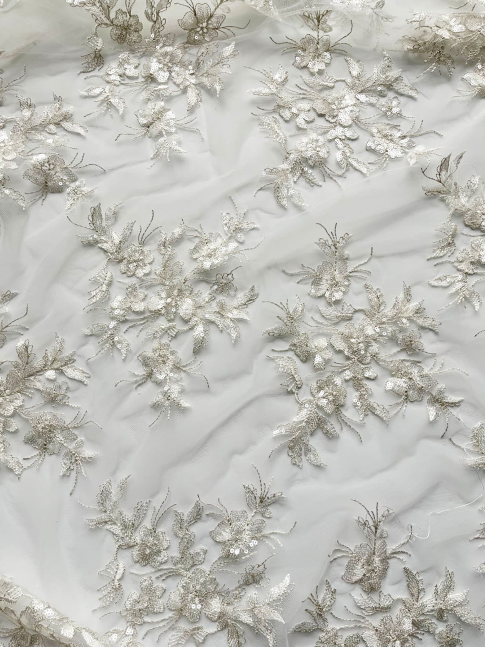 Off White Sequin Flower Embroidery Lace Fabric Soft Tulle Floral for ...