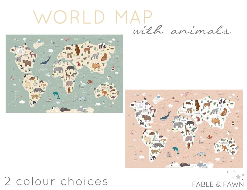 Kids World Map Wall Decal Map of the World Fable and Fawn - Etsy