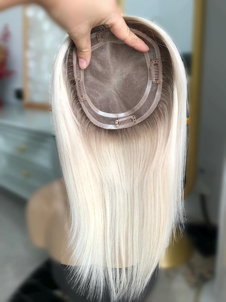 12-16" Rooted Platinium Blonde Human Virgin Hair Toppers for Women Hair ...