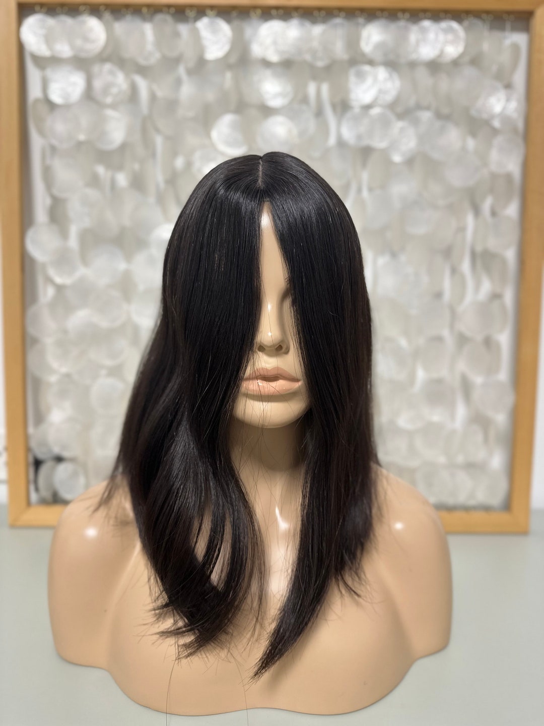 16" Silk Top Human Hair Kosher Wig, Natural Black Virgin Hair Sheitels ...
