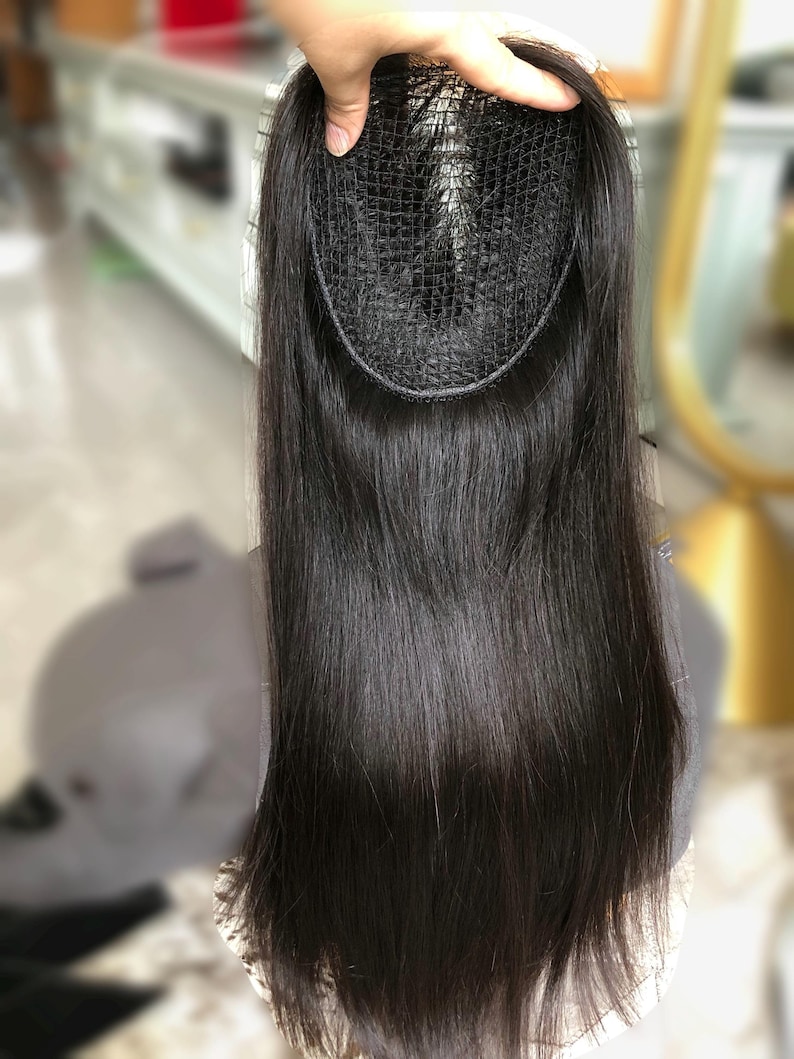 16" Natural Black Integration Fishnet All Over Human Hair Toppers, Mesh ...
