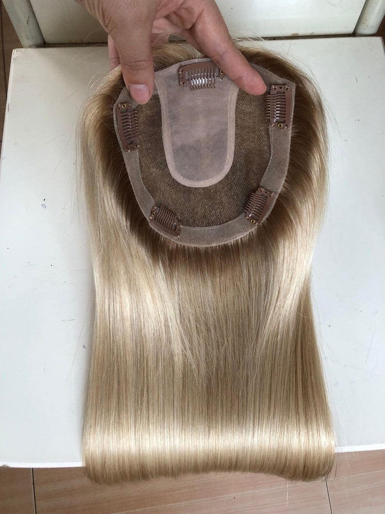 20" Rooted Blonde European Virgin Hair Topper: 5.5x6 Silk Lace Human ...