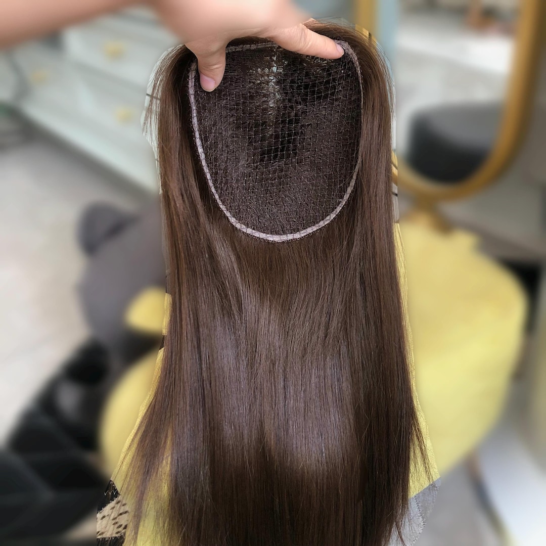 16" Medium Brown Mesh All Over Human Hair Topper,6x6.5" Fishnet ...