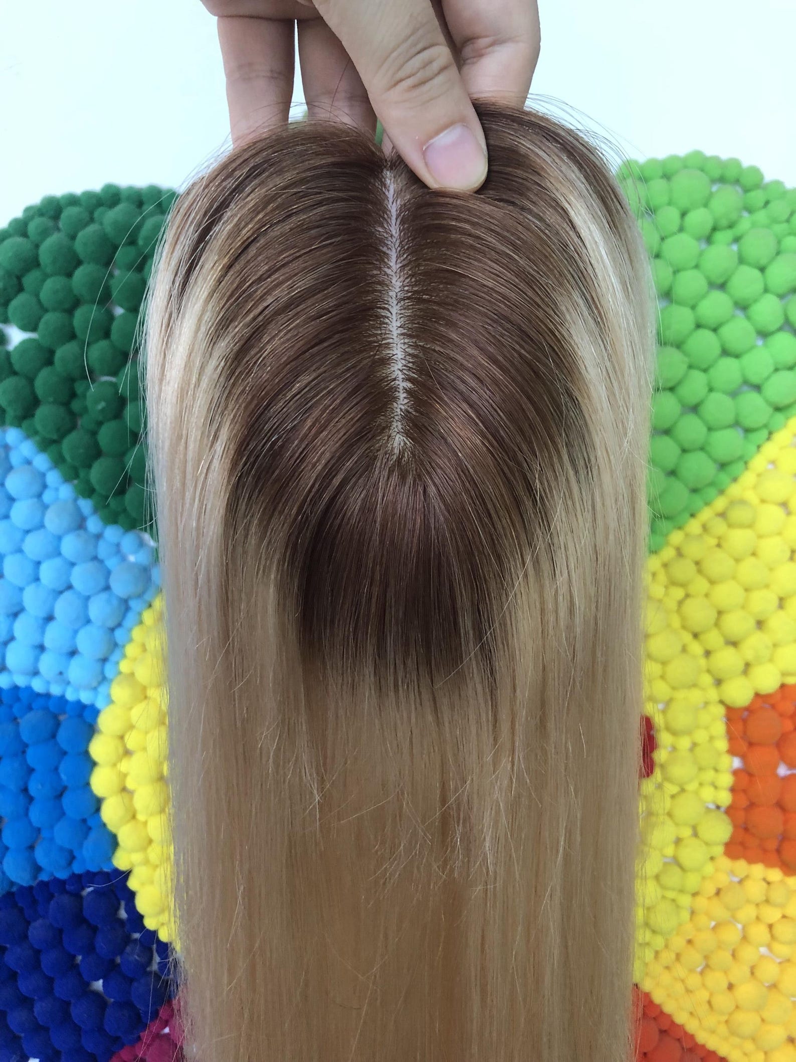 14" Rooted Golden Blonde Human Hair Topper; 2.8x4.3" Small Handtied ...