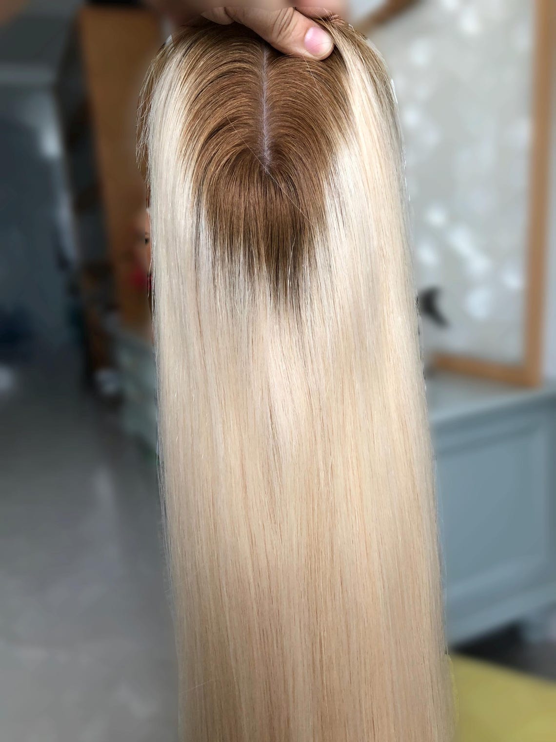 26" Rooted Blonde Human Virgin Hair Topper: Silk Base, 7x7" Free Part ...