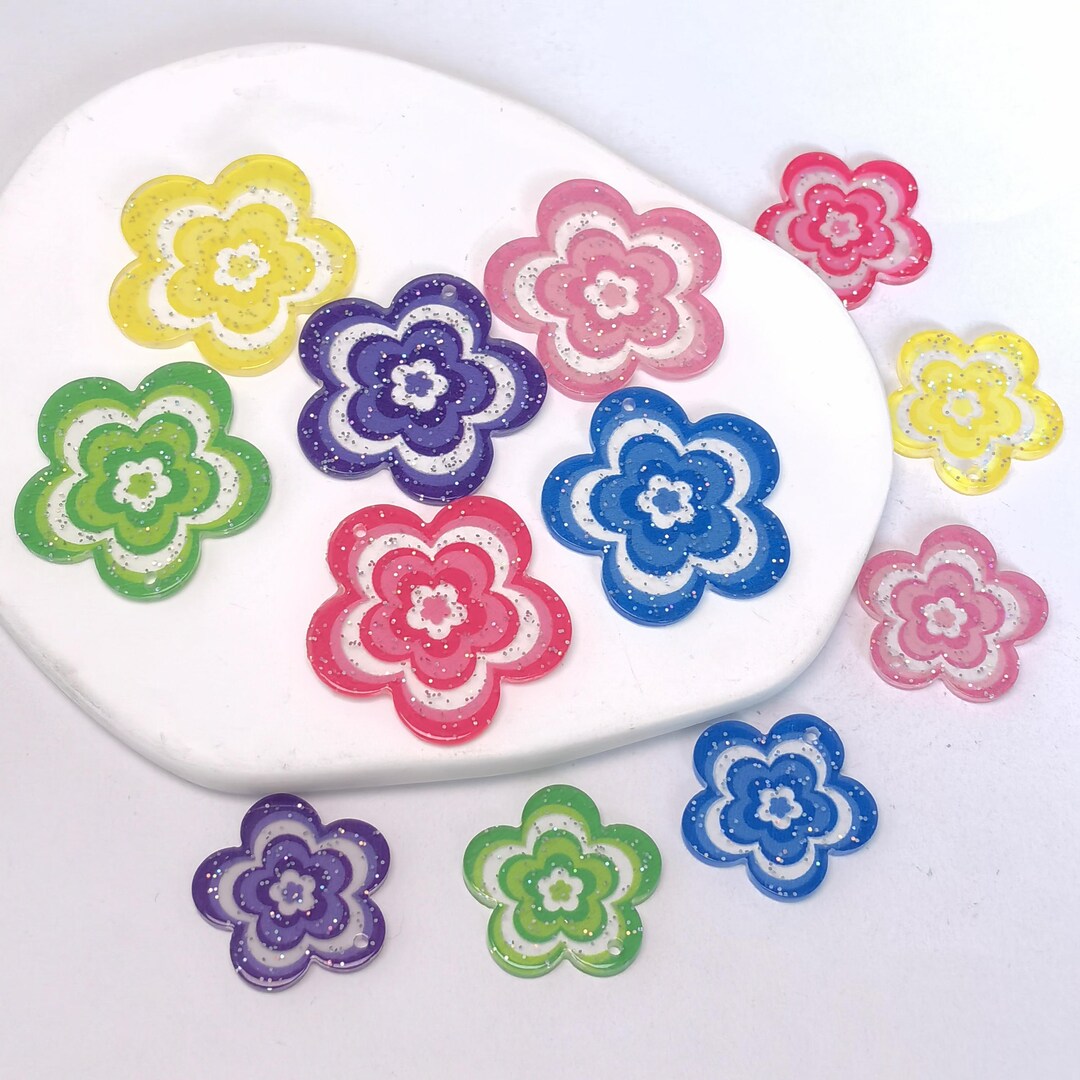 Clear Charms Floral Pattern Flower Acrylic Charms Printed on Glitter ...