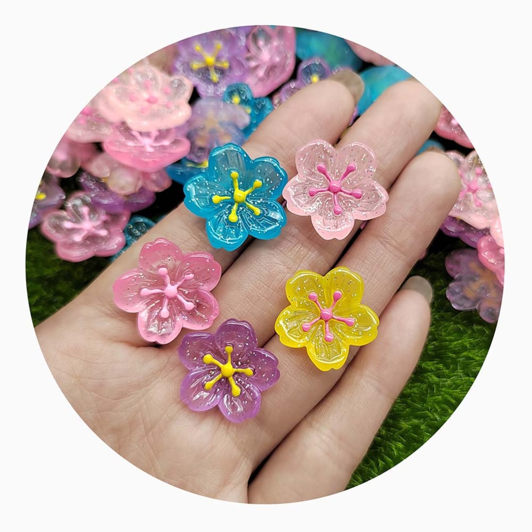 Glow in the Dark 22mm Resin Glitter Cherry Blossoms Sakura Flower Flat ...